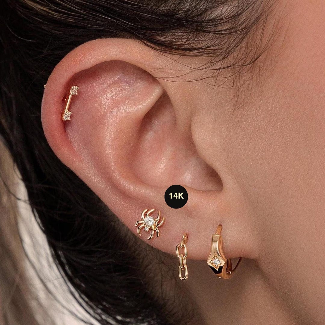 14K Solid Gold Link Chain Drop Stud Earrings, Screw Back Dangle ...