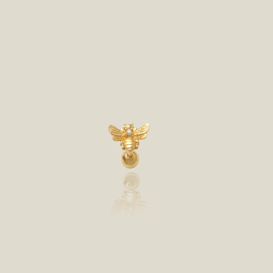 14K REAL Solid Gold Queen Bee Stud Earring, Cartilage Helix Tragus ...