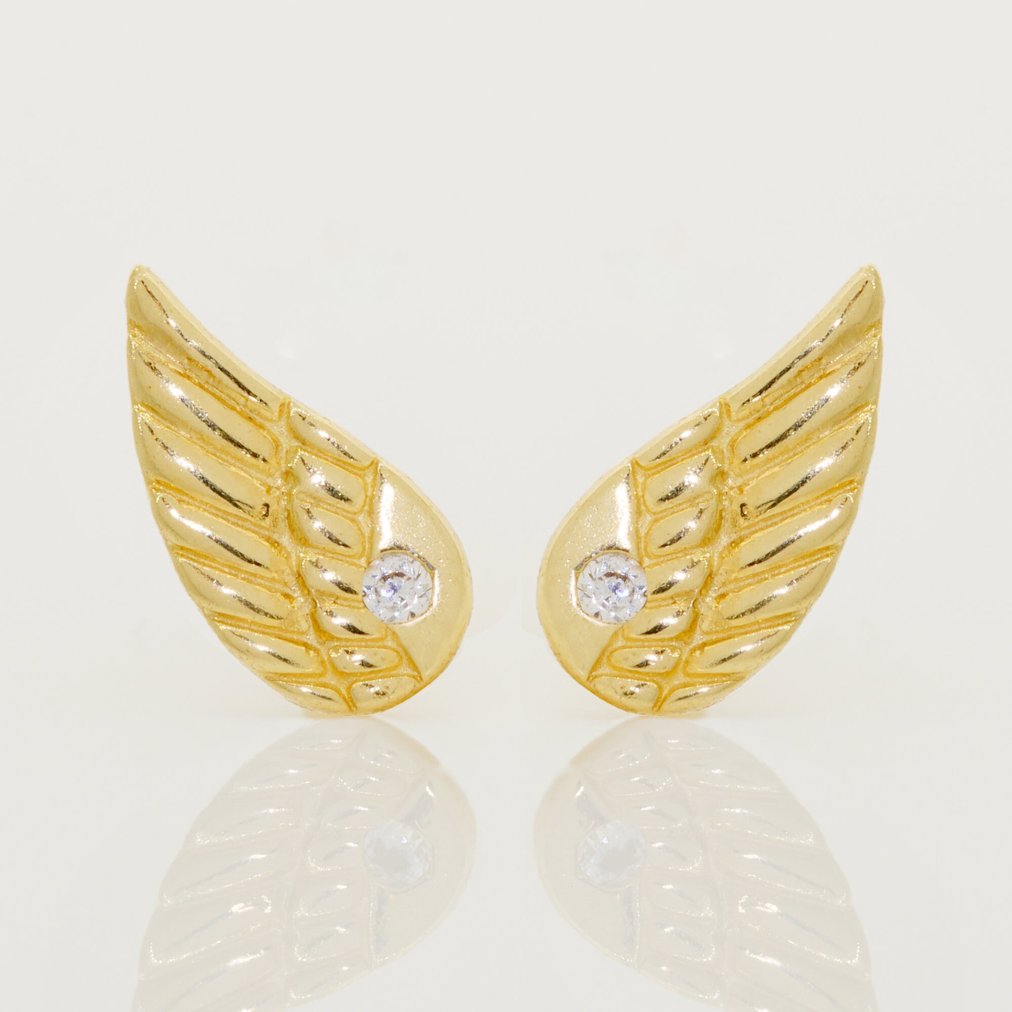 14K REAL Solid Gold Tiny Guardian Angel Wing CZ Screw-back - Etsy
