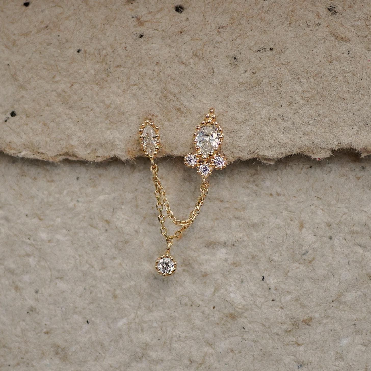 Double Piercing Chain Stud Earrings, 14K Solid Gold Marquise Chain ...