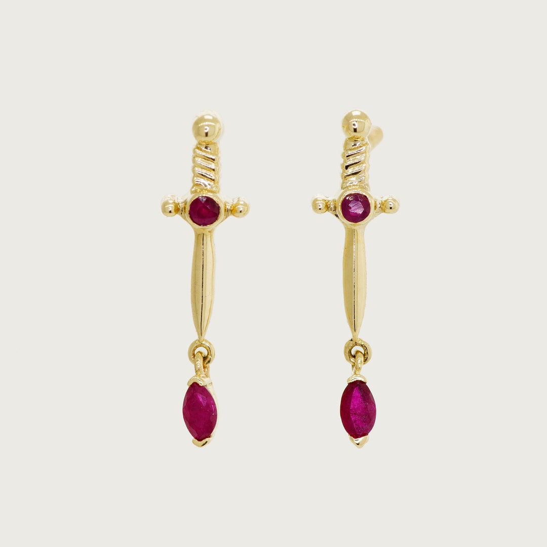 14K REAL Solid Gold Dagger Stud Earrings With Ruby Real Solid - Etsy UK