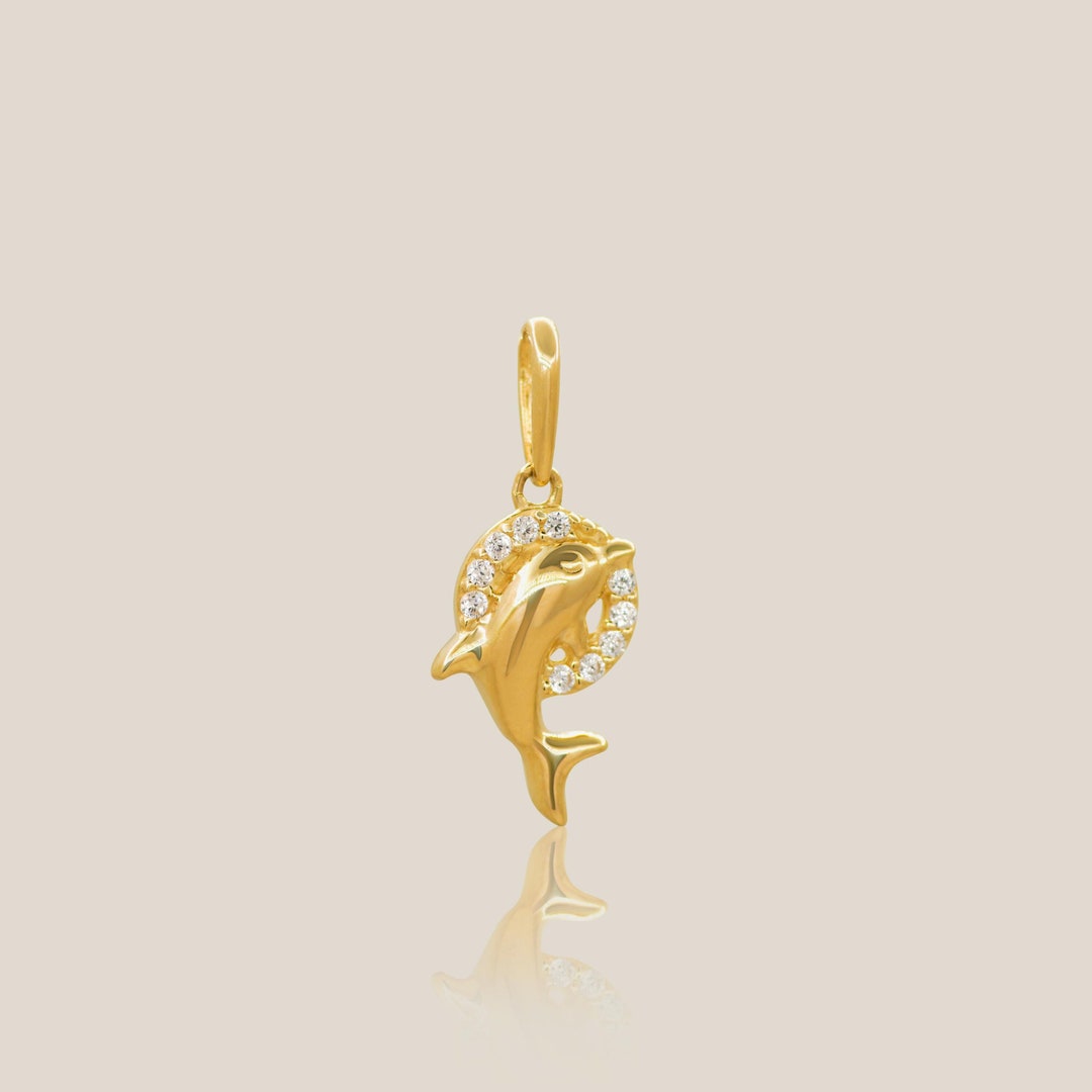 14K REAL Solid Gold Dolphin Dive Cubic Zirconia Pendant Charm for ...