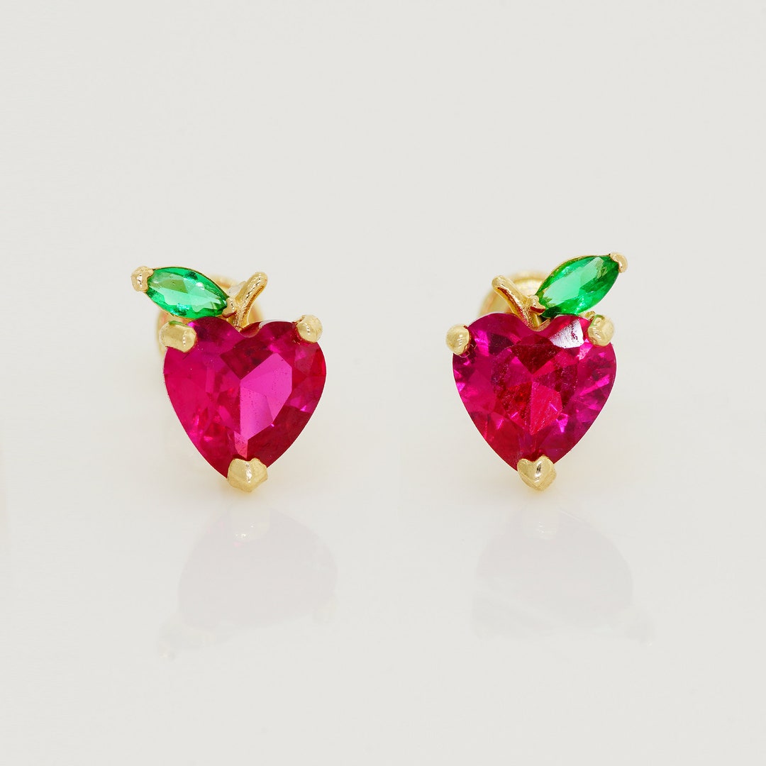 14K REAL Solid Gold Tiny Red Apple Stud Screw-back Earrings, Cubic ...