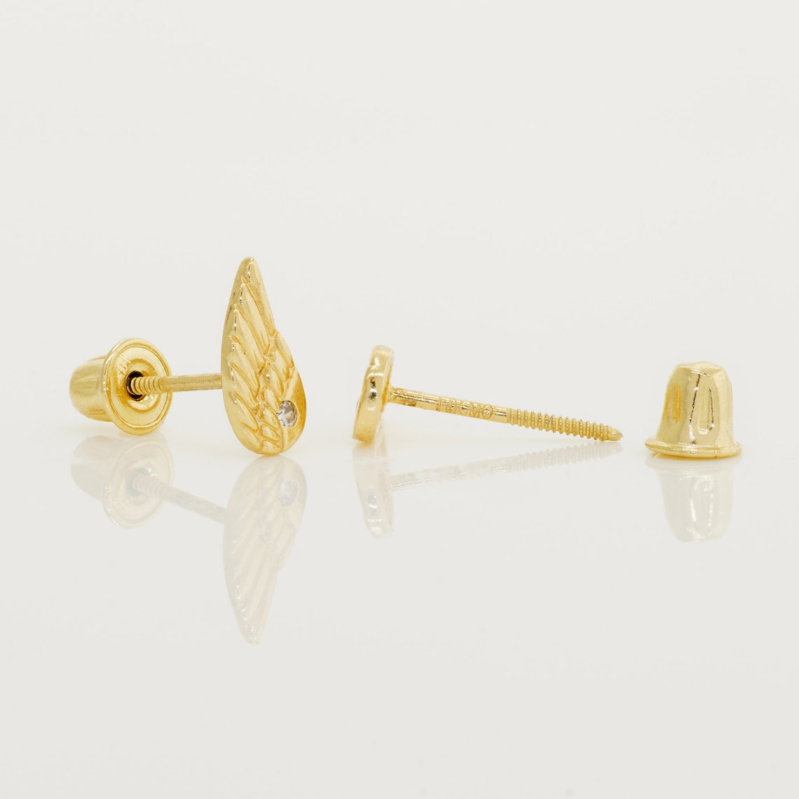 14K REAL Solid Gold Tiny Guardian Angel Wing CZ Screw-back - Etsy