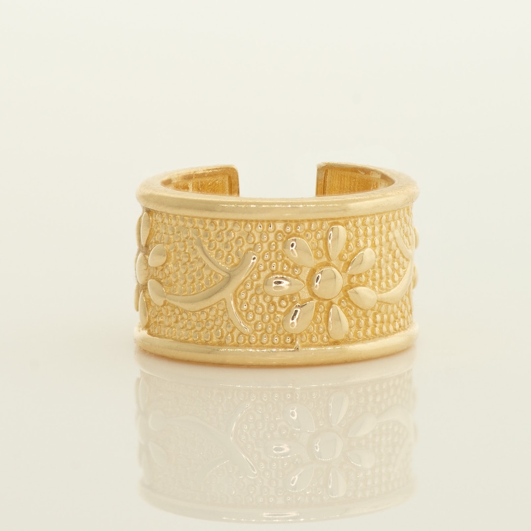 14K REAL Solid Gold Extra Wide Bold Thick Flower Painting Ear Cuff Ring ...