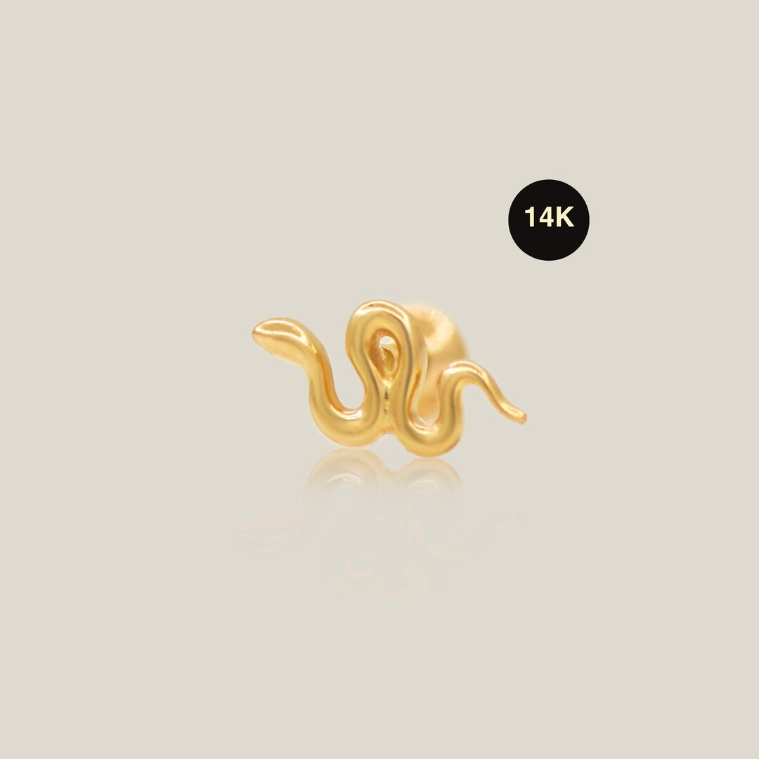14K REAL Solid Gold Mini Snake Serpent Stud, Cartilage Helix Tragus Conch Snug Ear Post Stud ...