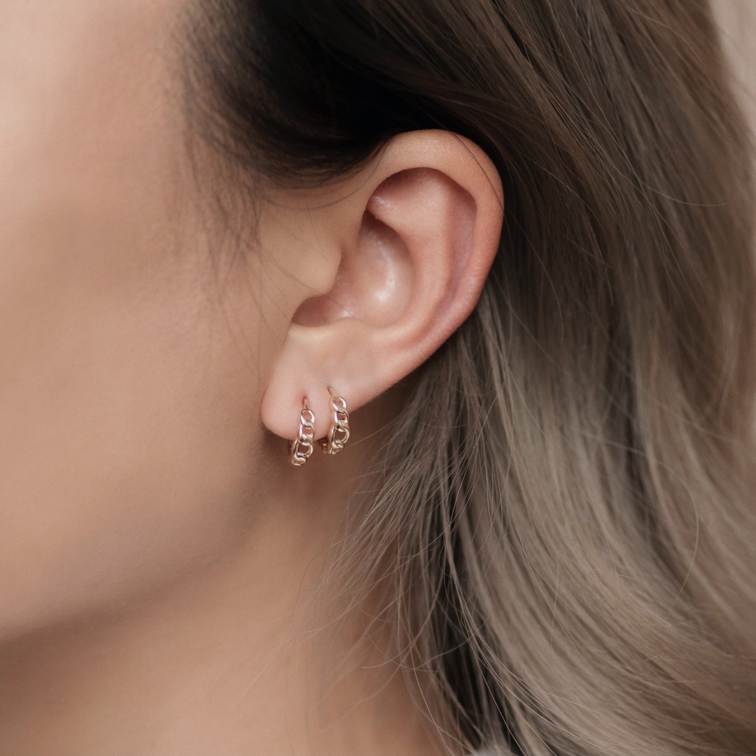 14K REAL Solid Gold Chain Hoop Huggie Earrings Upper-lobe Helix Tragus ...