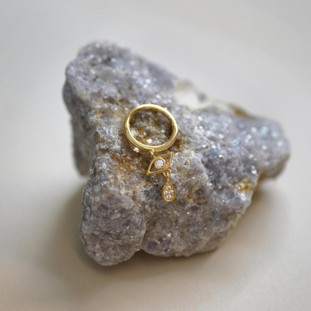 14K Solid Gold Crying Teardrop Eye Hoop Earring, Clicker Hinged, CZ ...