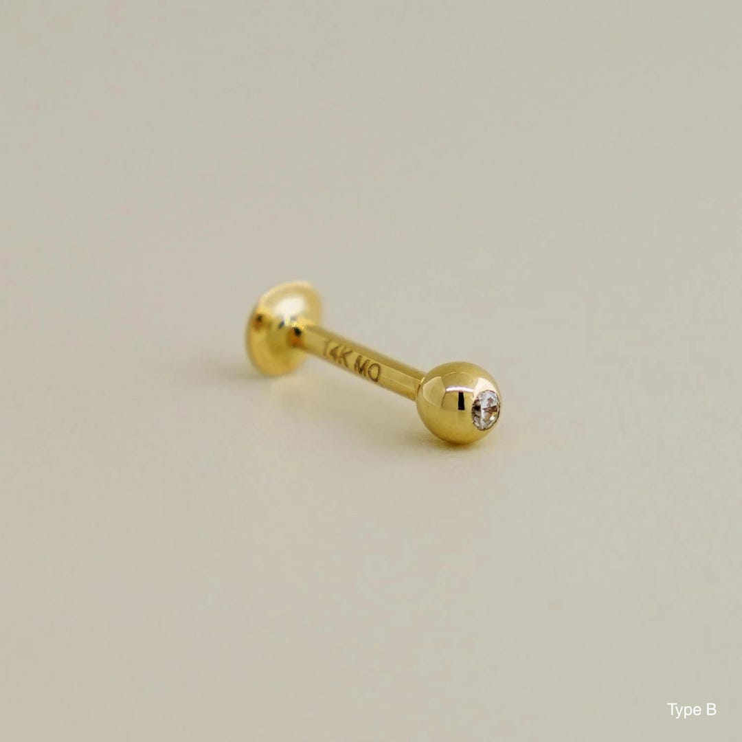 14K Solid Gold Flat Back Labret Stud 16G, Cartilage Helix Tragus ...