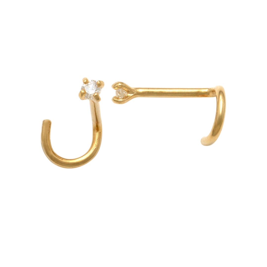 14K REAL Diamond Corkscrew Nose Stud Dainty Solid Gold Natural Genuine ...