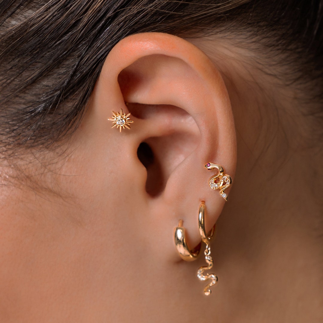 14K REAL Solid Gold Sun With CZ Cartilage Daith Helix Tragus Conch Rook ...