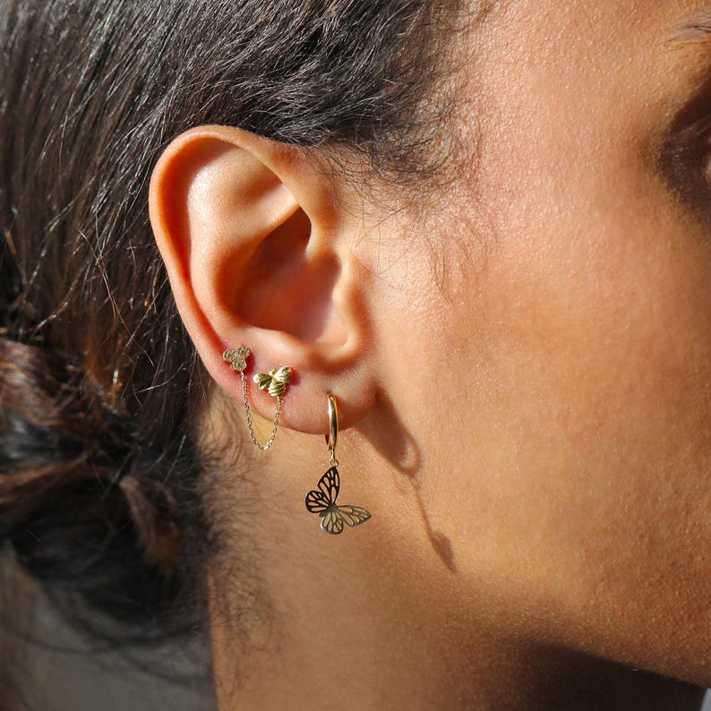 14K Solid Gold Bee Honeycomb Linked Chain Stud Earring, Diamond CZ ...