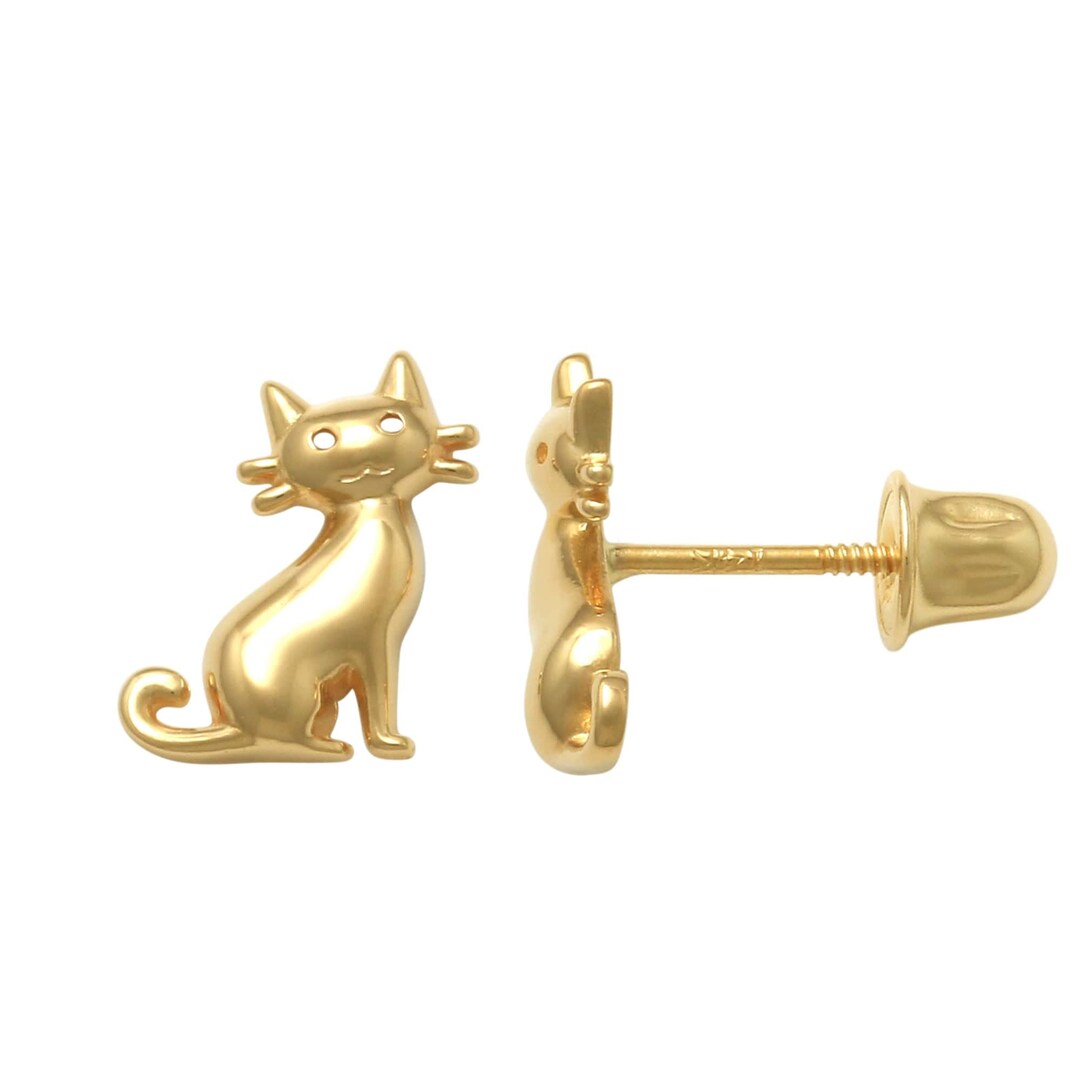 14K REAL Solid Gold Cat Stud Baby Earrings Screw-back Baby - Etsy