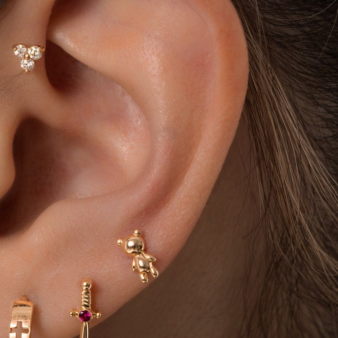 14K REAL Solid Gold Cute Teddy Bear Cartilage Daith Helix Tragus Bar Stick Ear Post Internal ...