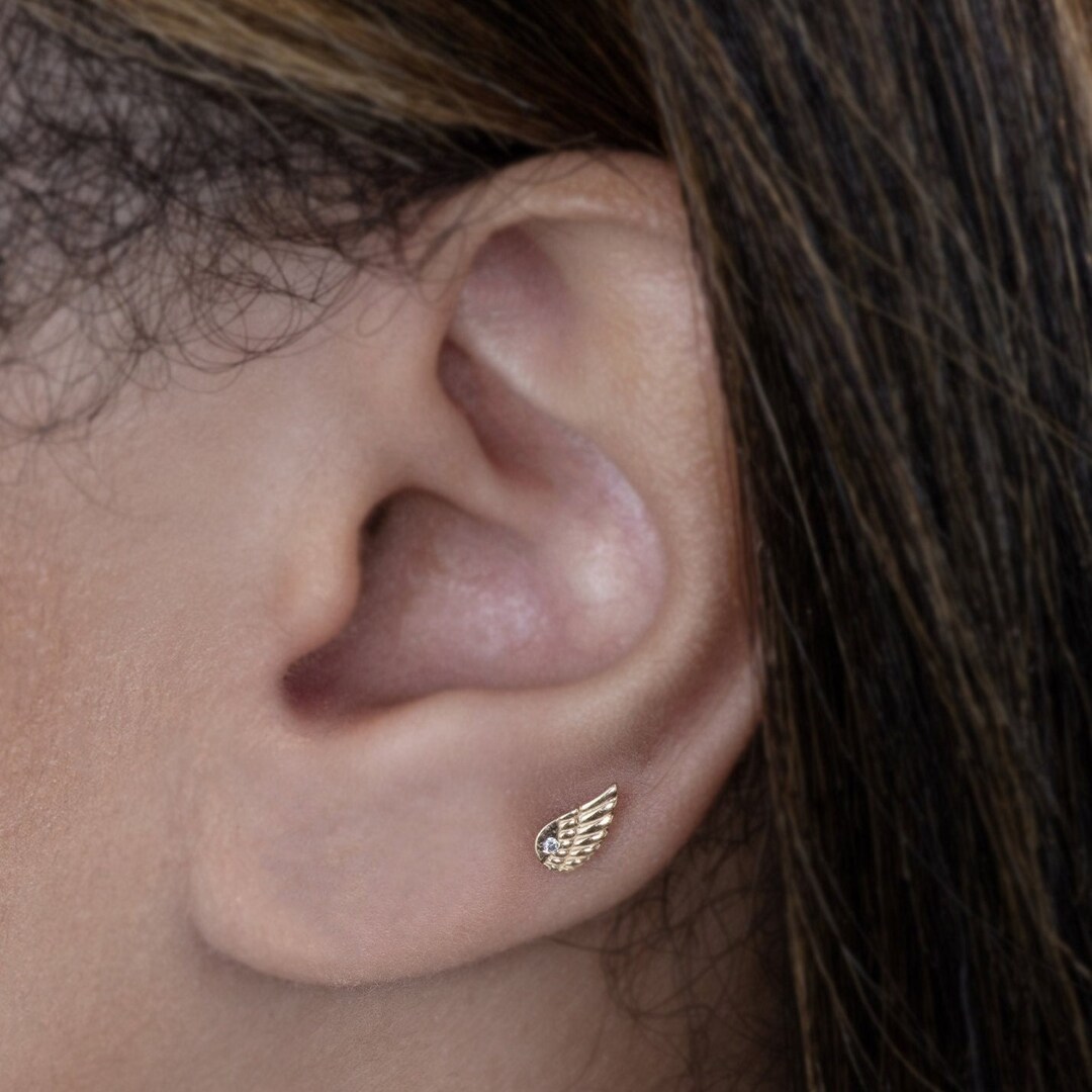 14K REAL Solid Gold Tiny Guardian Angel Wing CZ Screw-back Baby ...