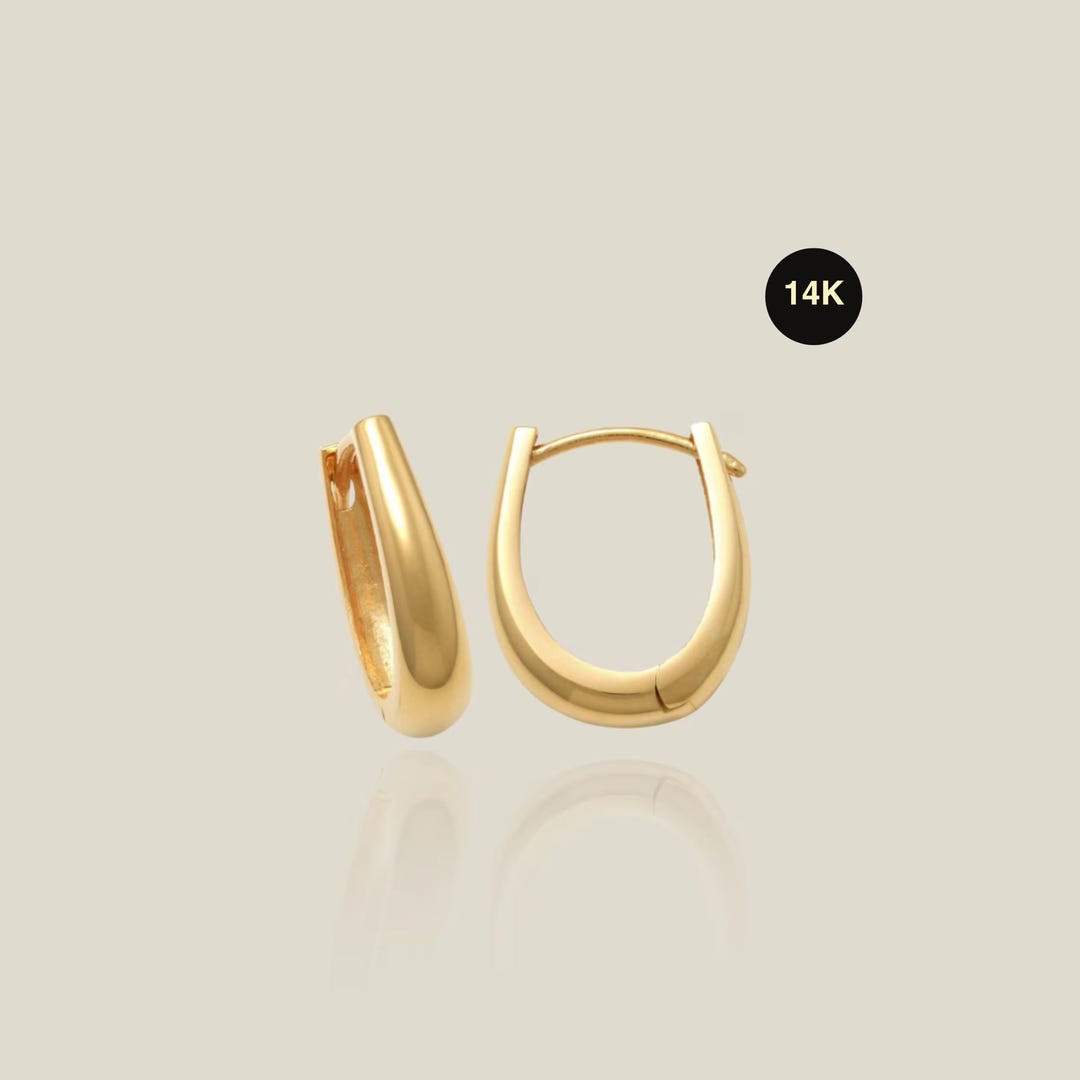 14K REAL Solid Gold Oval Chunky Hoop Earrings, Cartilage Daith Helix ...