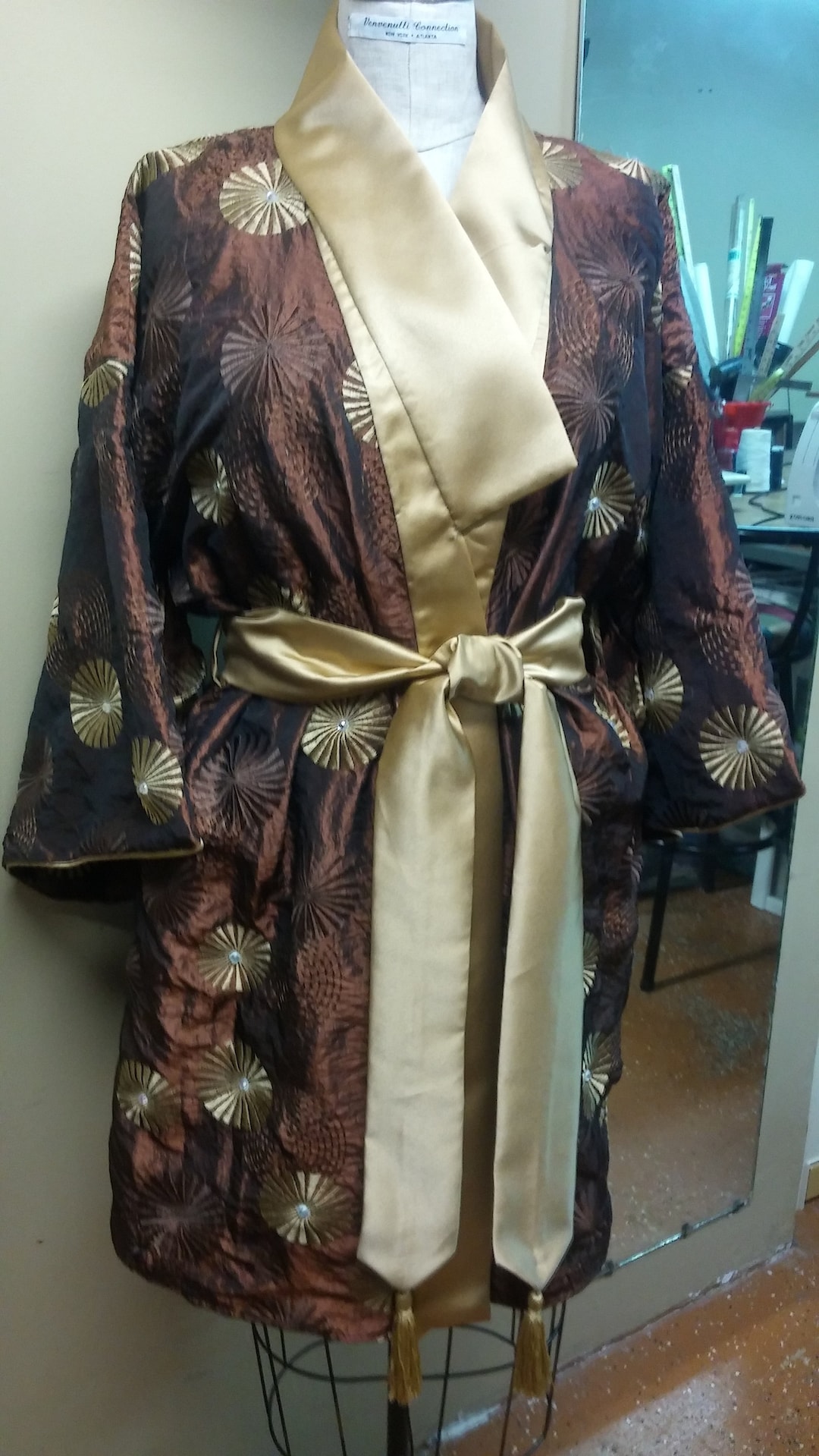 Kimono Robe Brown Crinkle Satin With Gold Trim Rhinestones Gold Piping ...