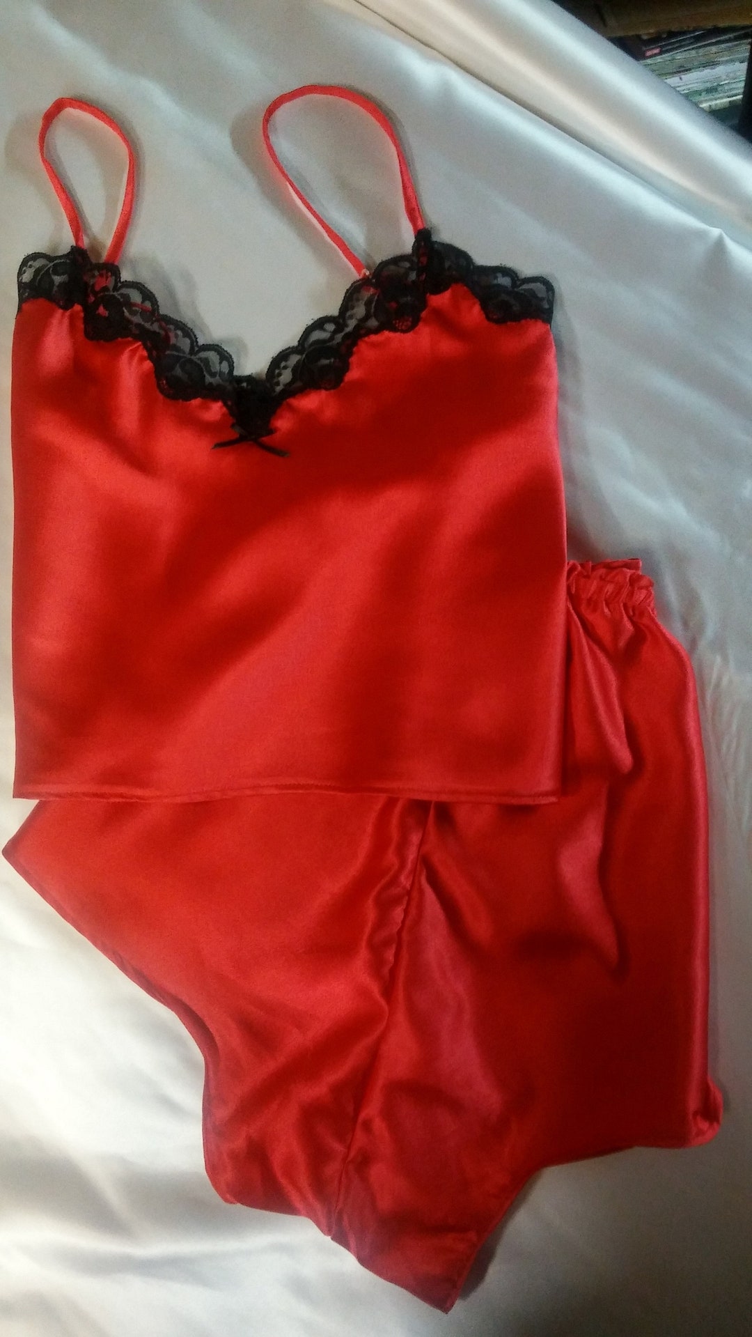 Red Satin Charmeuse Cami Set With Black Scalloped Lace Trim Handmade in ...