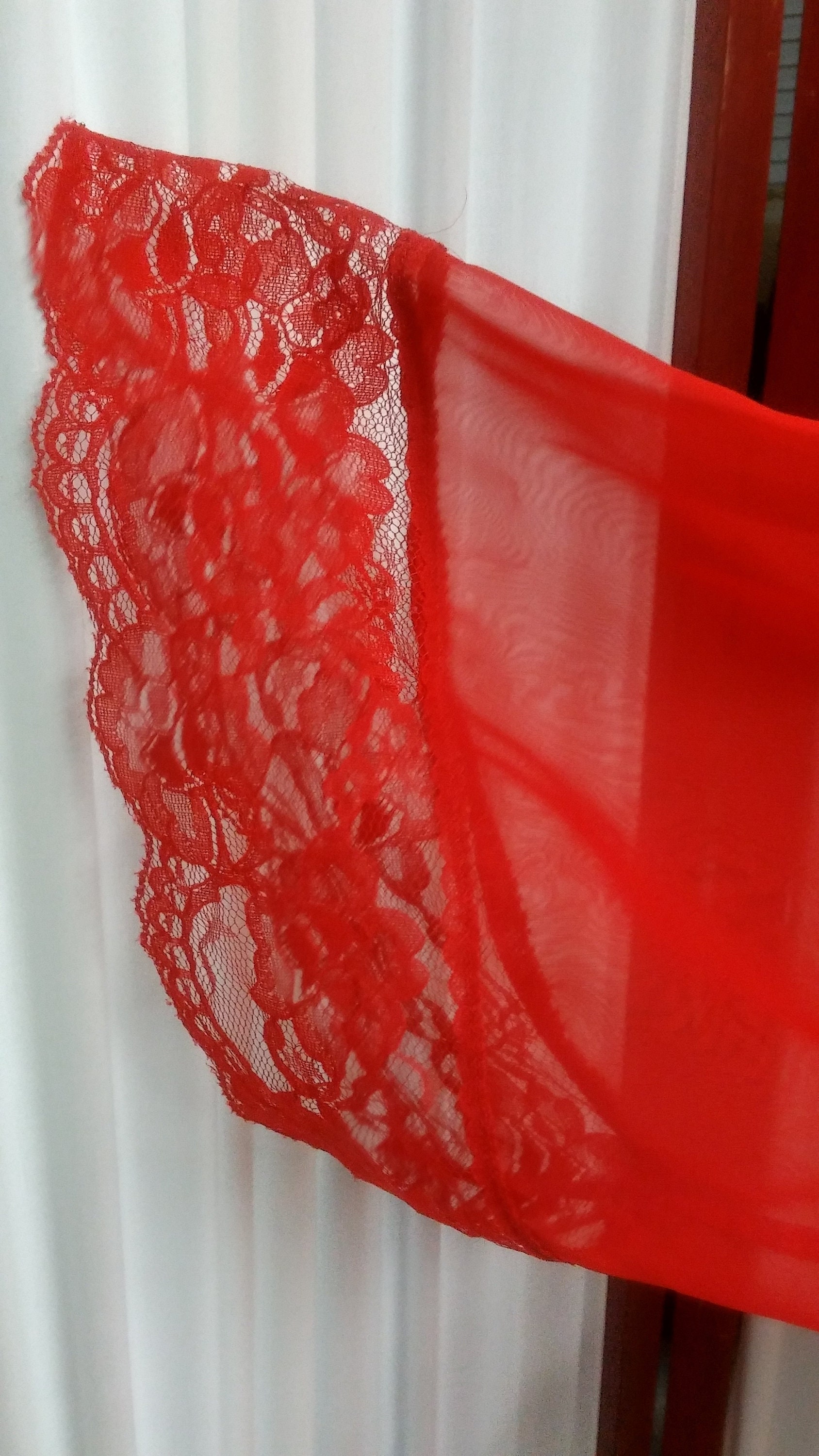 Red Chiffon Robe With 4 Red Scalloped Lace Around Sleeve and Front of ...