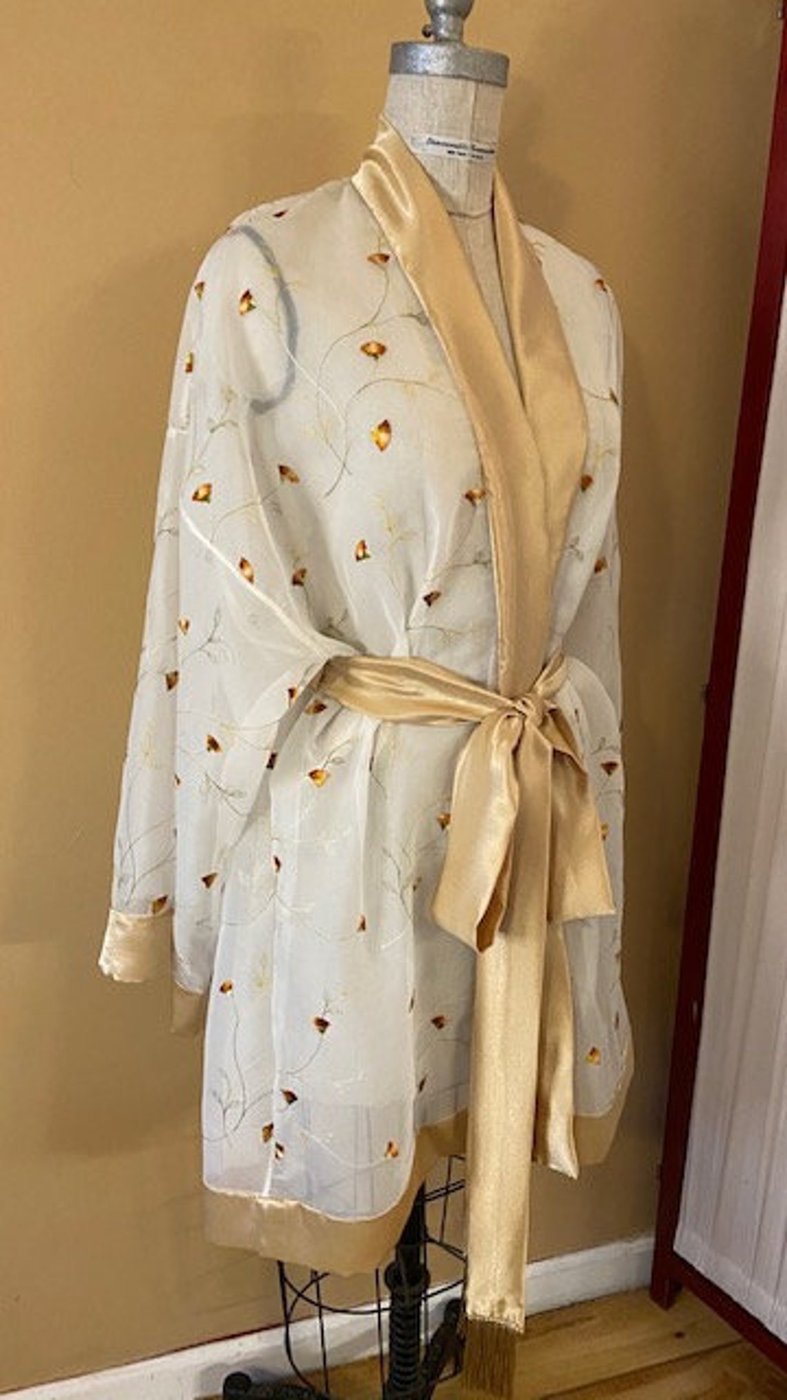 White Organza Floral Embroidered Robe With Gold Charmeuse - Etsy