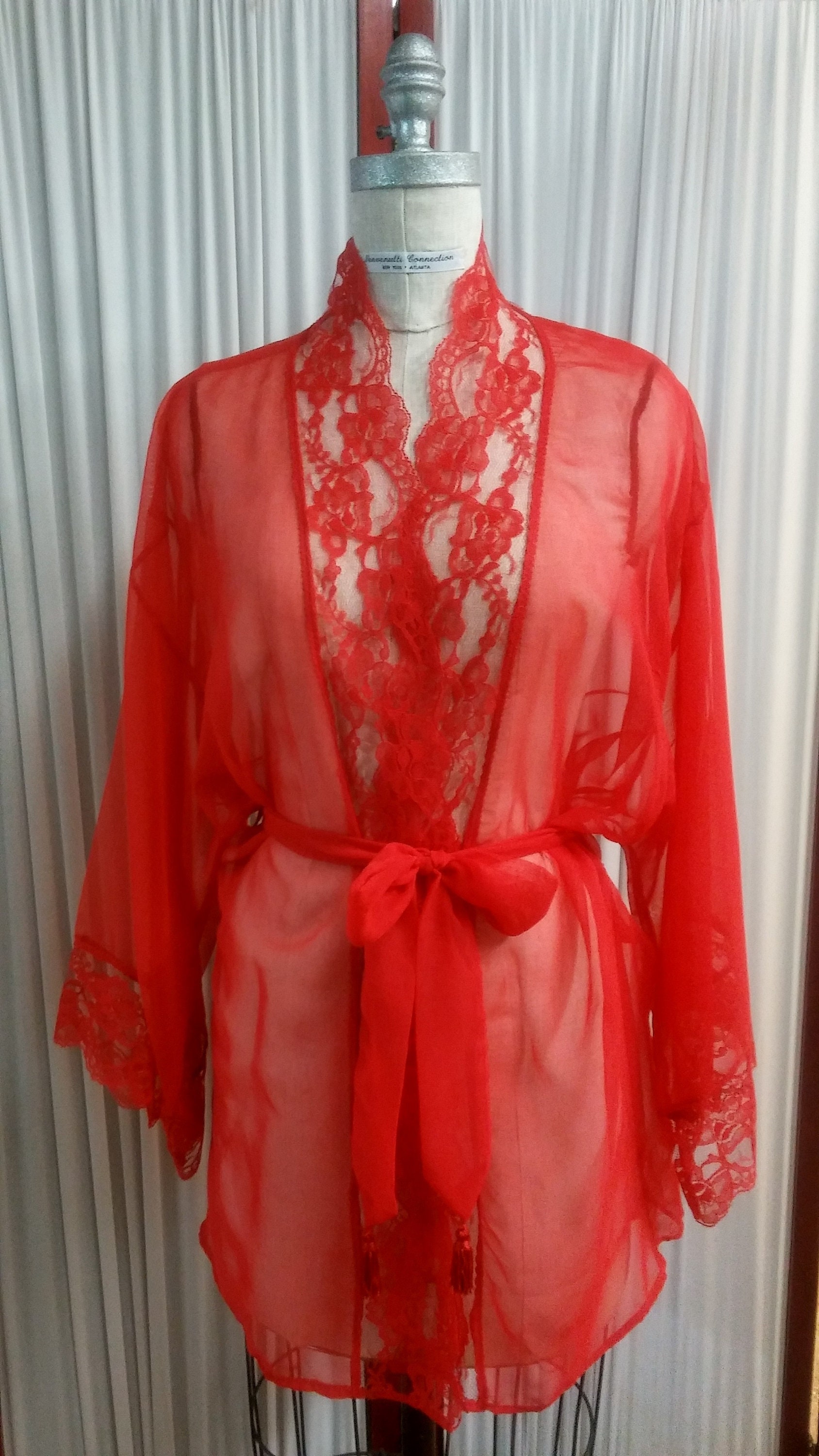 Red Chiffon Robe With 4 Red Scalloped Lace Around Sleeve and Front of ...