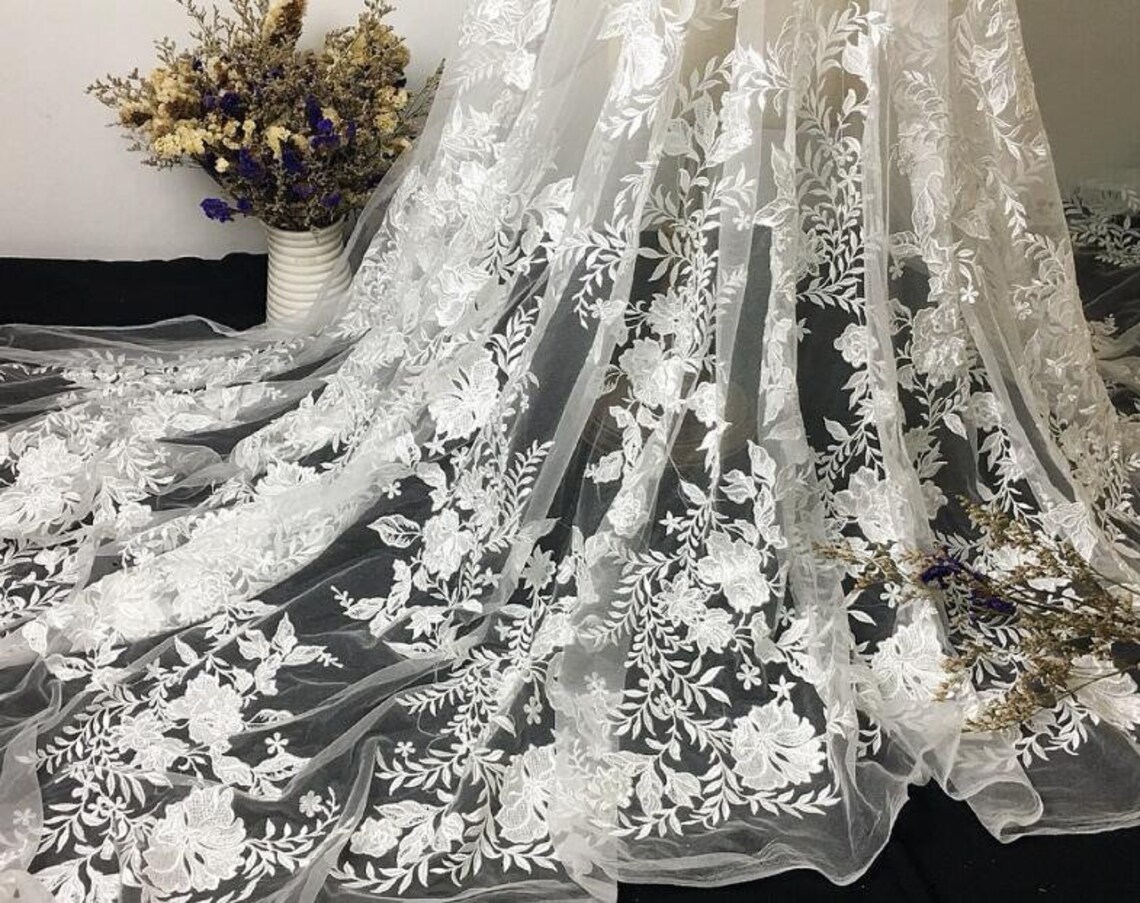 White Flowers Embroidered Lace Fabric by the Yard Wedding - Etsy