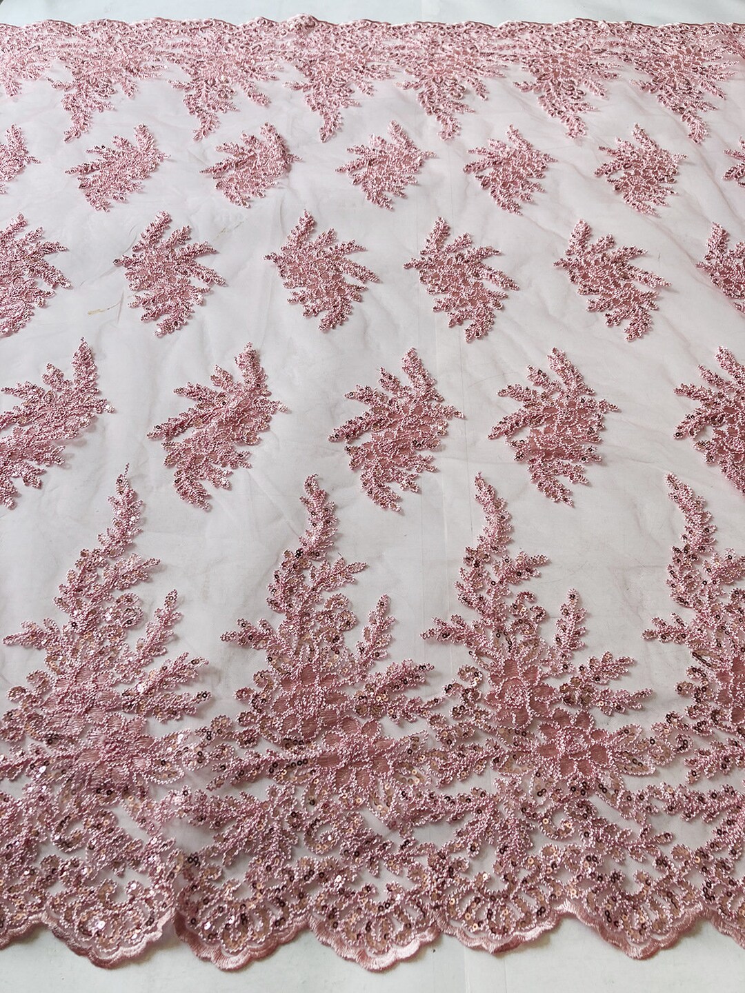 Pink Floral Embroidery Mesh Lace With Sequins Escalloped Edge,diy ...