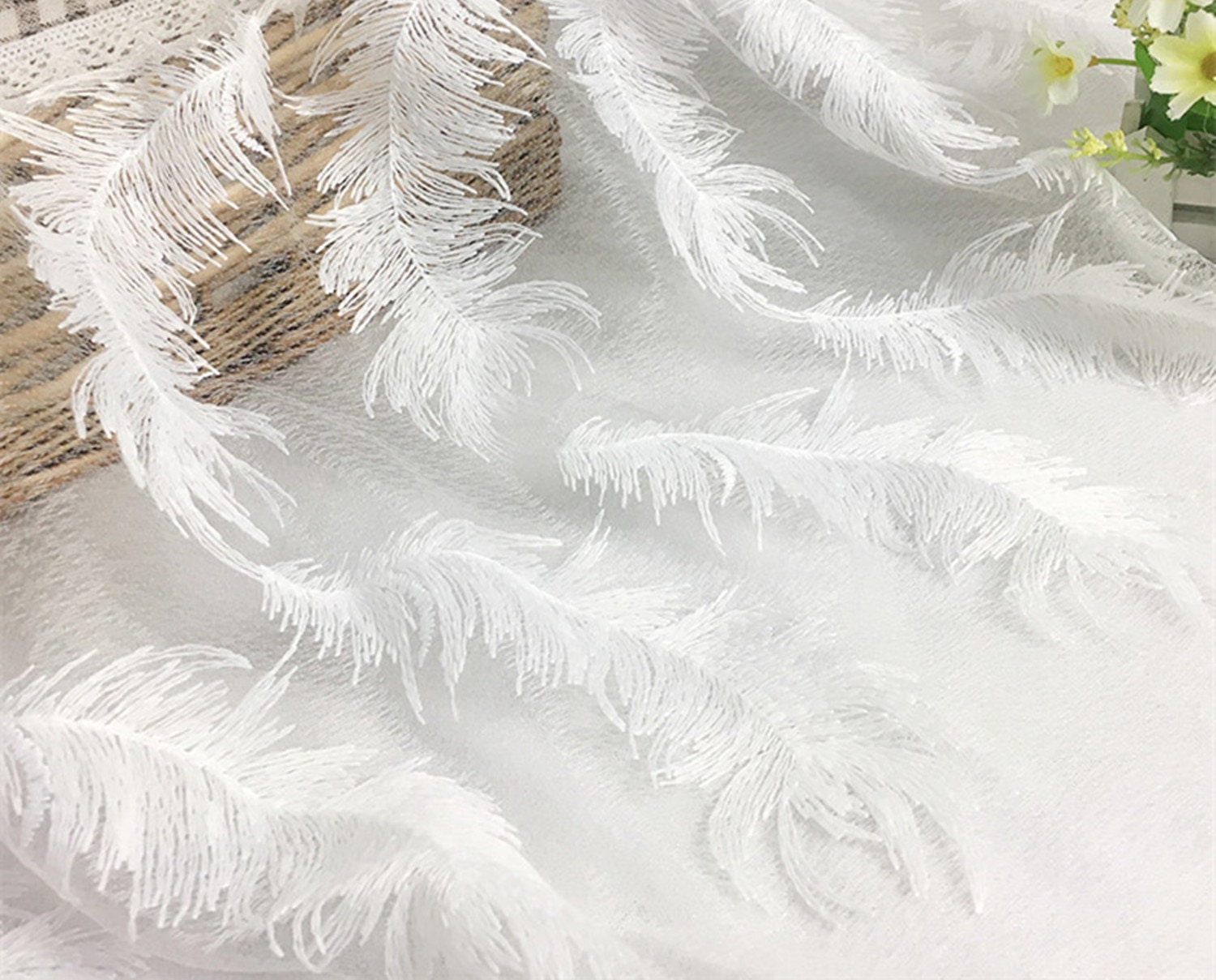 Feather Embroidered Lace Fabric by the Yard Wedding Bridal - Etsy