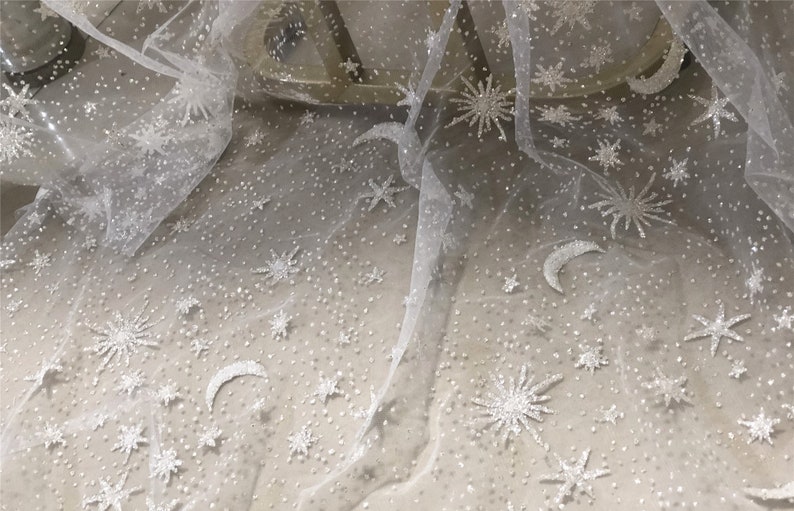 White Shiny Star Moon Sequins Lace Fabric by the Yardwedding - Etsy