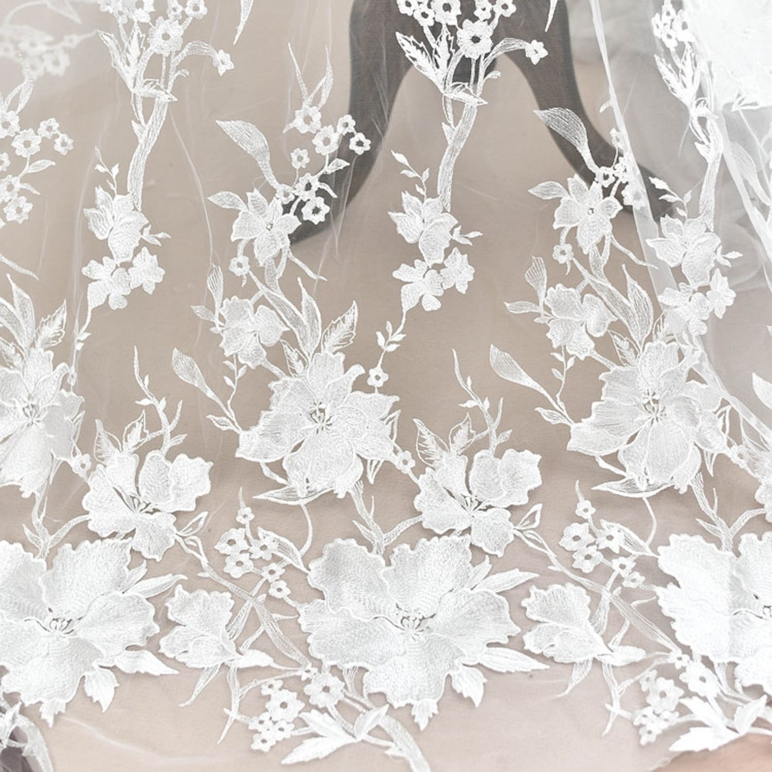 Flowers Embroidered Lace Fabric by the Yardwedding Bridal | Etsy