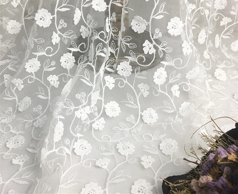 White Flowers Embroidered Lace Fabric by the Yardwedding - Etsy
