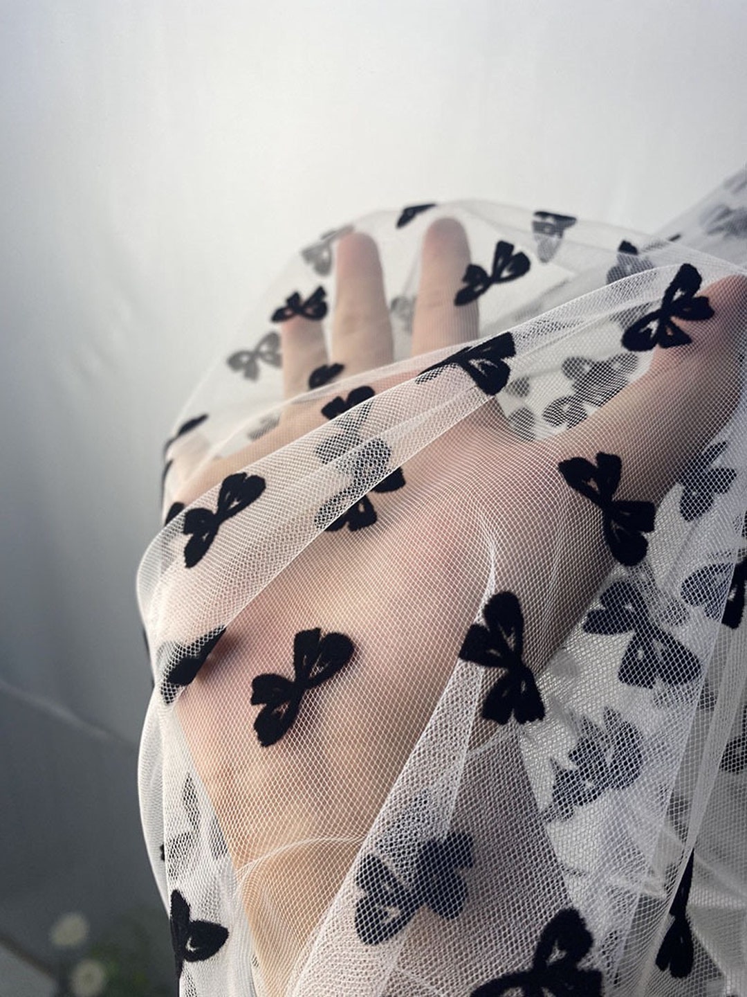 Flock Bow Lace Fabric by the Yard,wedding Bridal Dress Tulle Mesh ...