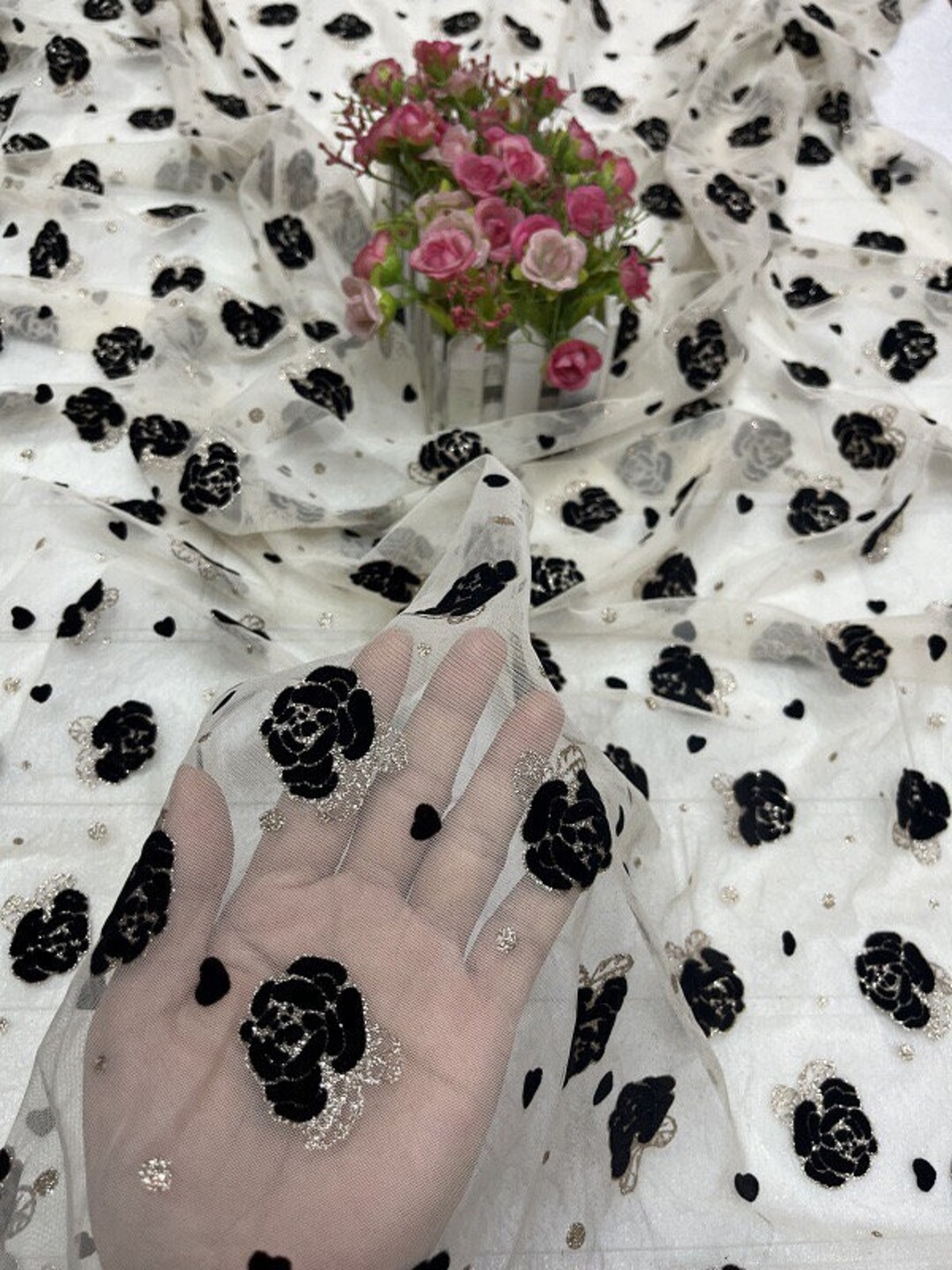 Rose Flower Flocking Lace Fabric by the Yard,for Girls Prom Dress ...