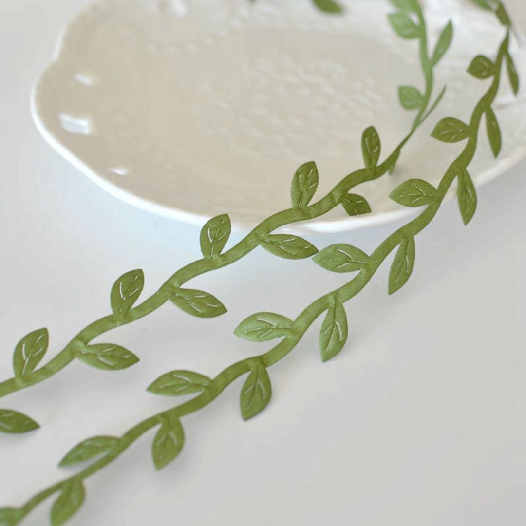 Lace Fabric Metallic Embroidered Leaf Trim - Shine Trim Olive Green Ribbon