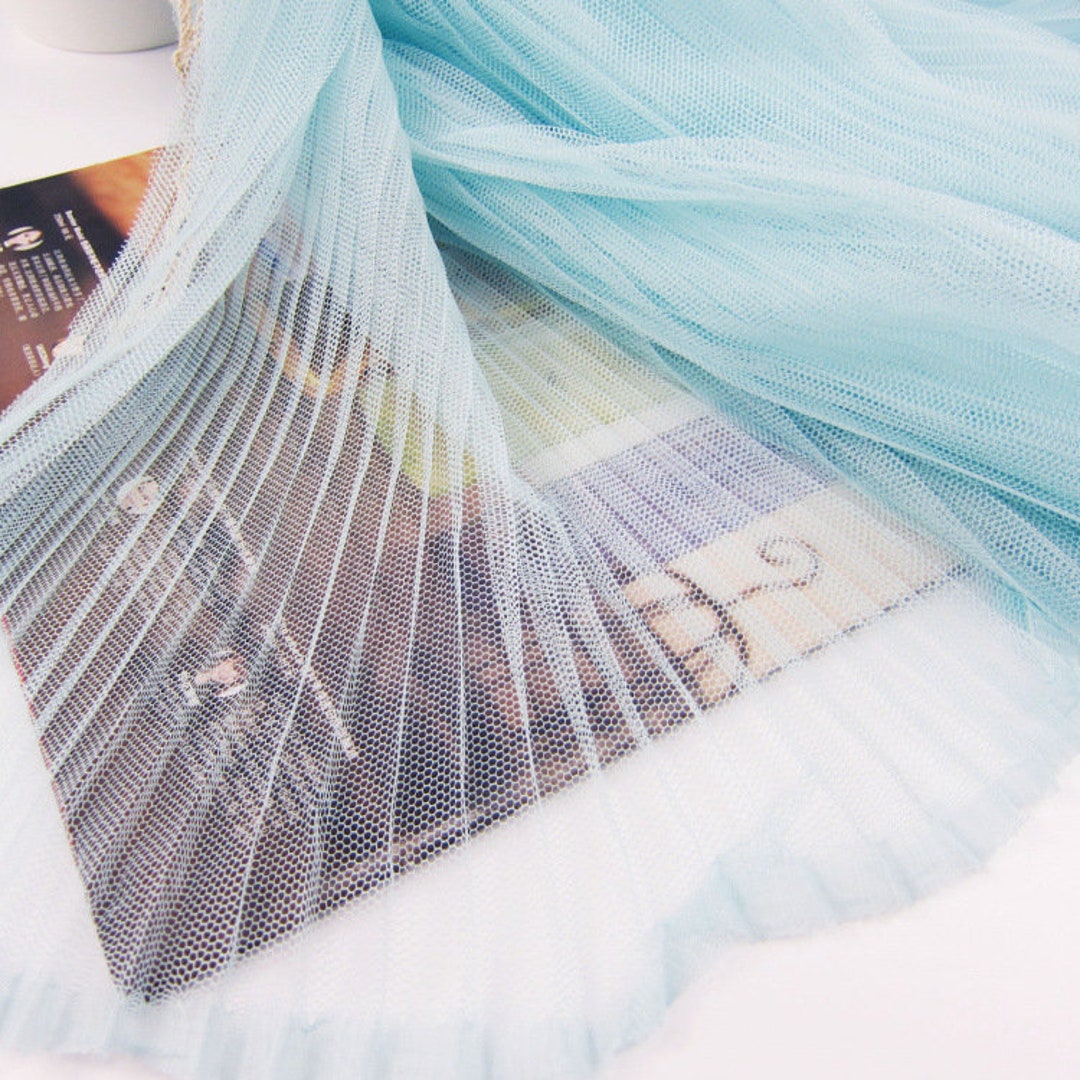 Blue Pleated Tulle Panel Lace Fabric by the Yard, Accordion Pleats Mesh ...