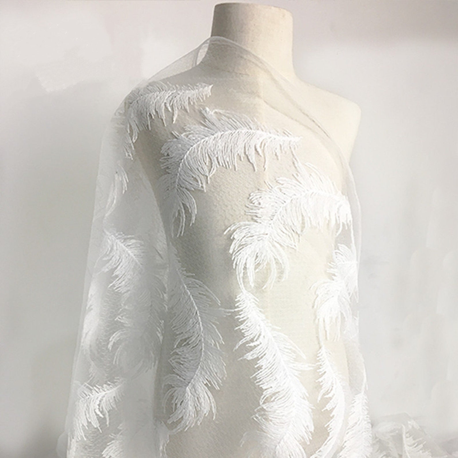 Feather Embroidered Lace Fabric by the Yard, Wedding Bridal Dress Mesh ...