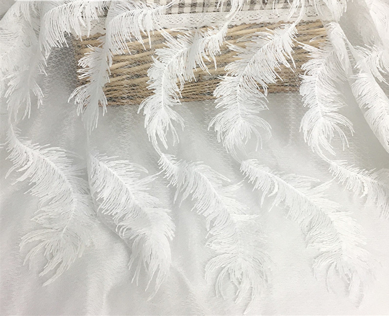 Feather Embroidered Lace Fabric by the Yard, Wedding Bridal Dress Mesh ...
