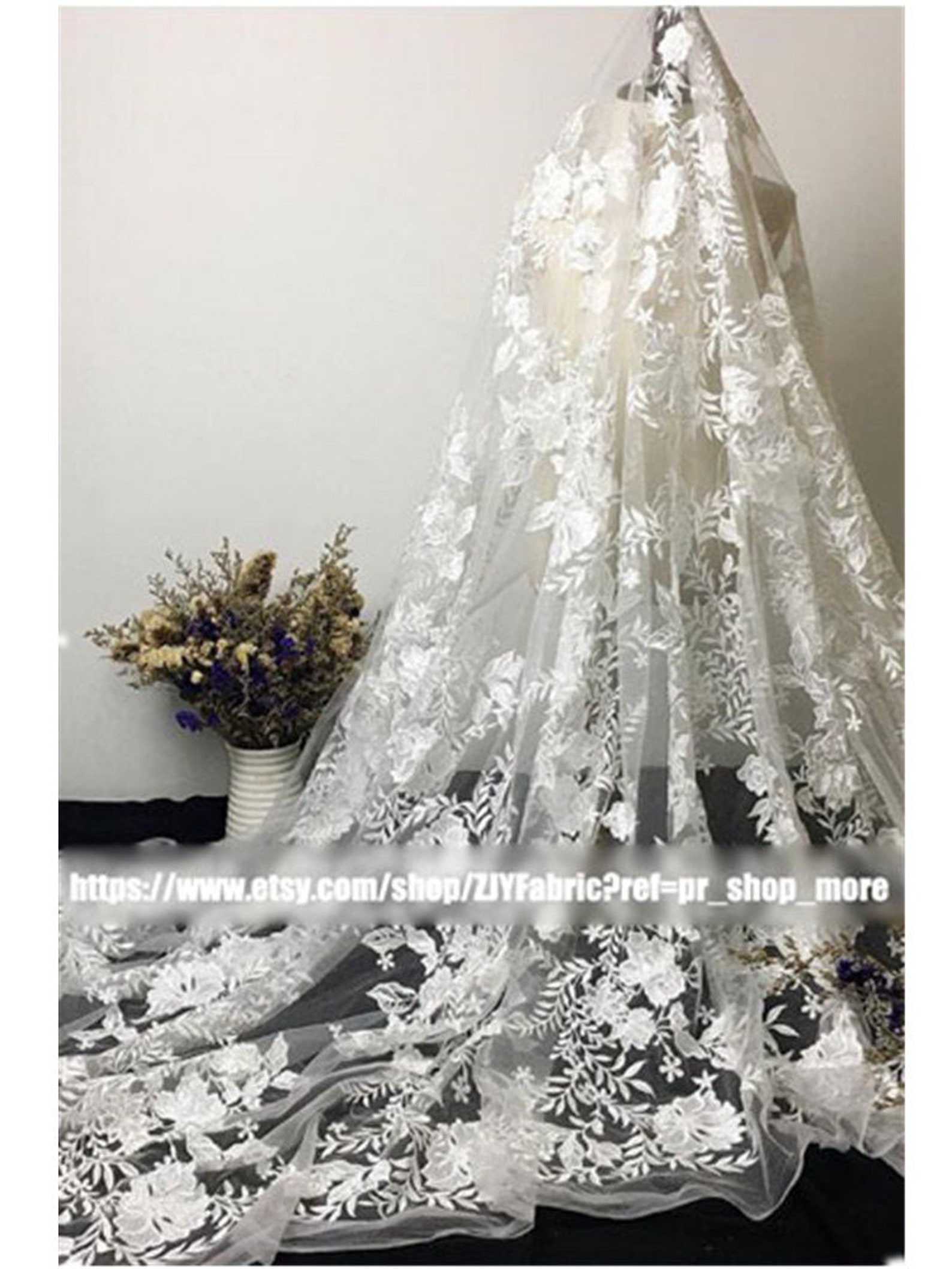 White Flowers Embroidered Lace Fabric by the Yard Wedding - Etsy