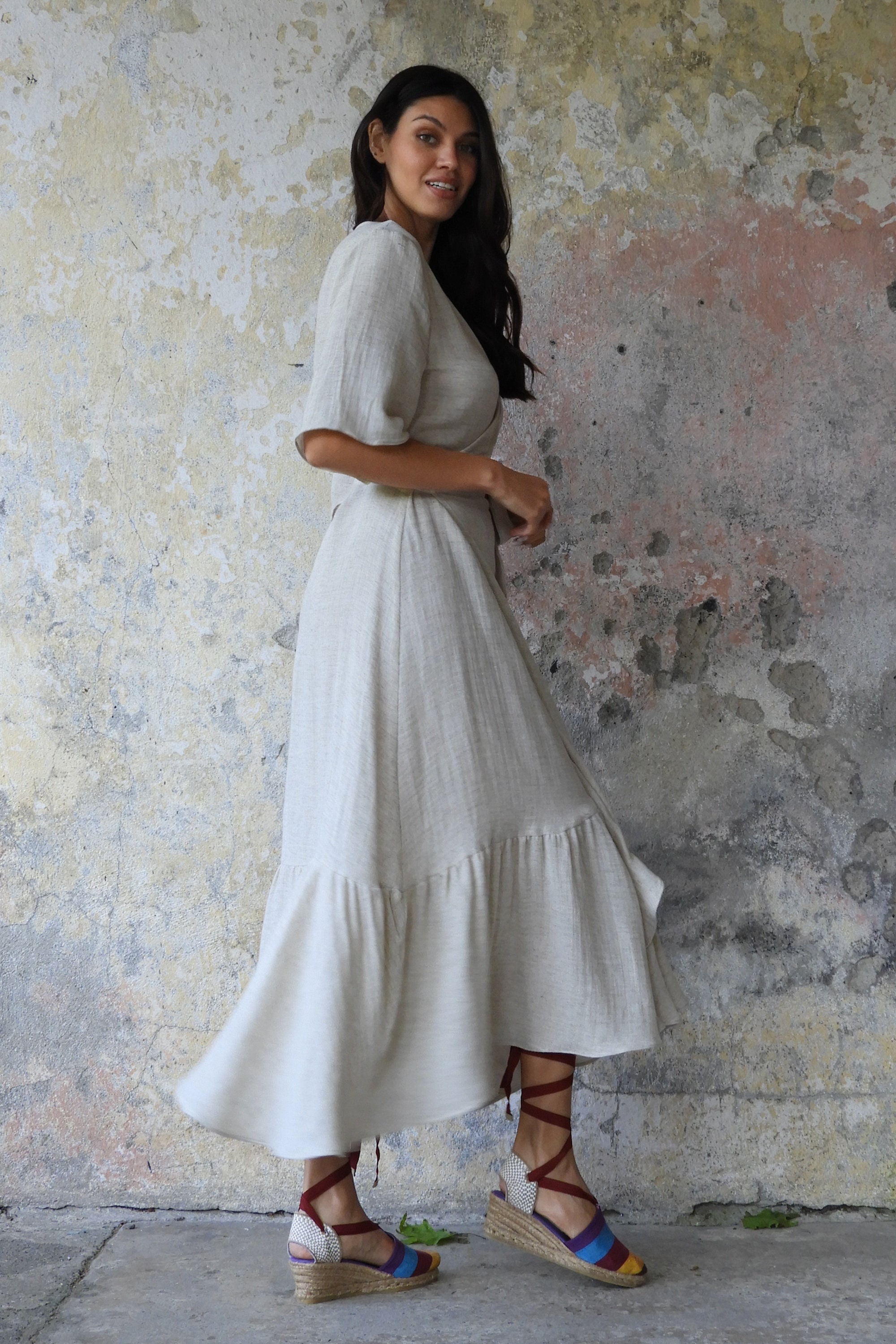 Hemp Dress, Wrap Dress Maxi, Wedding Guest Dress, Goddess Dress Beige ...
