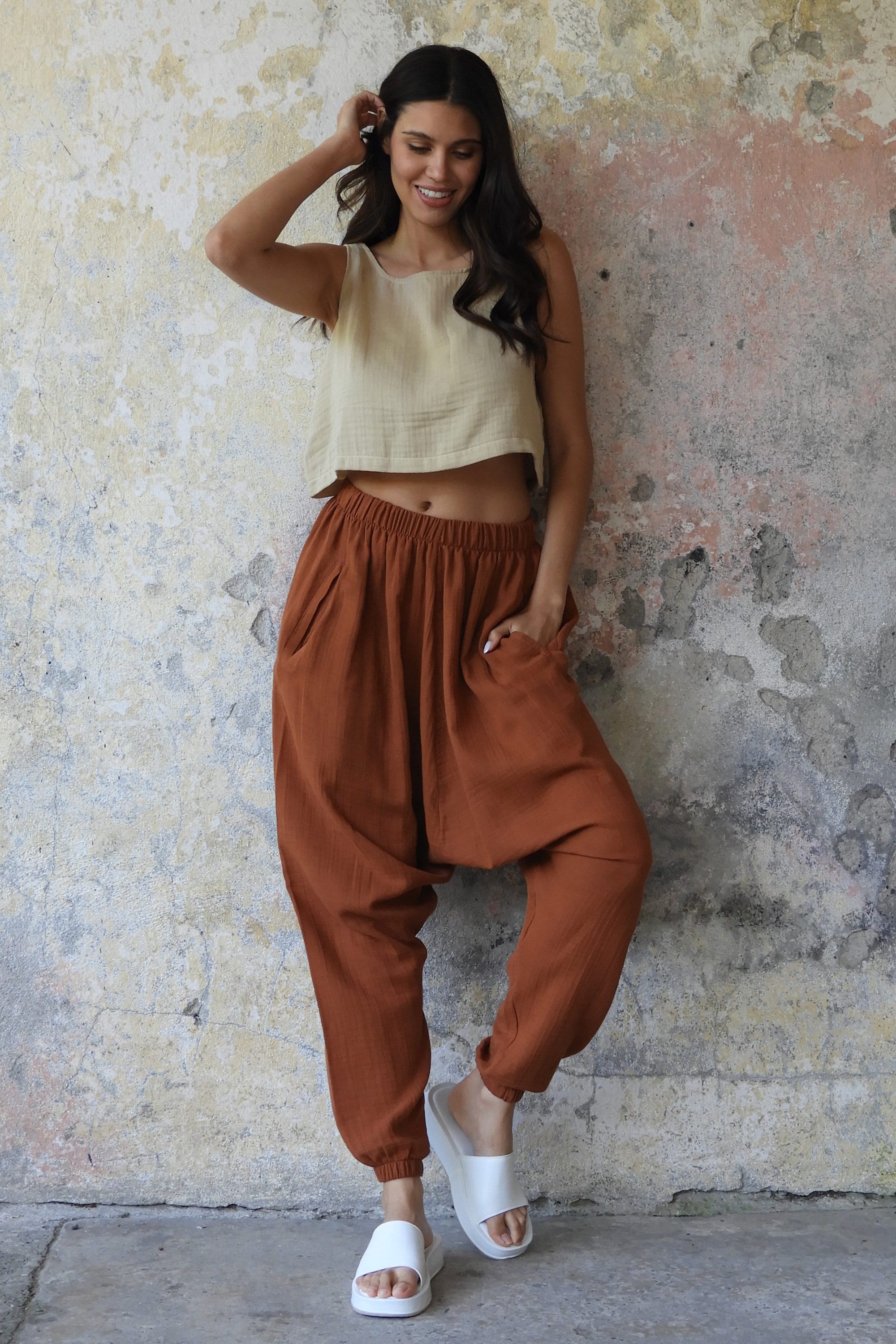 Gauze Cotton Pants Brown, Tall Womens Harem Pants, High Waist Gauze ...