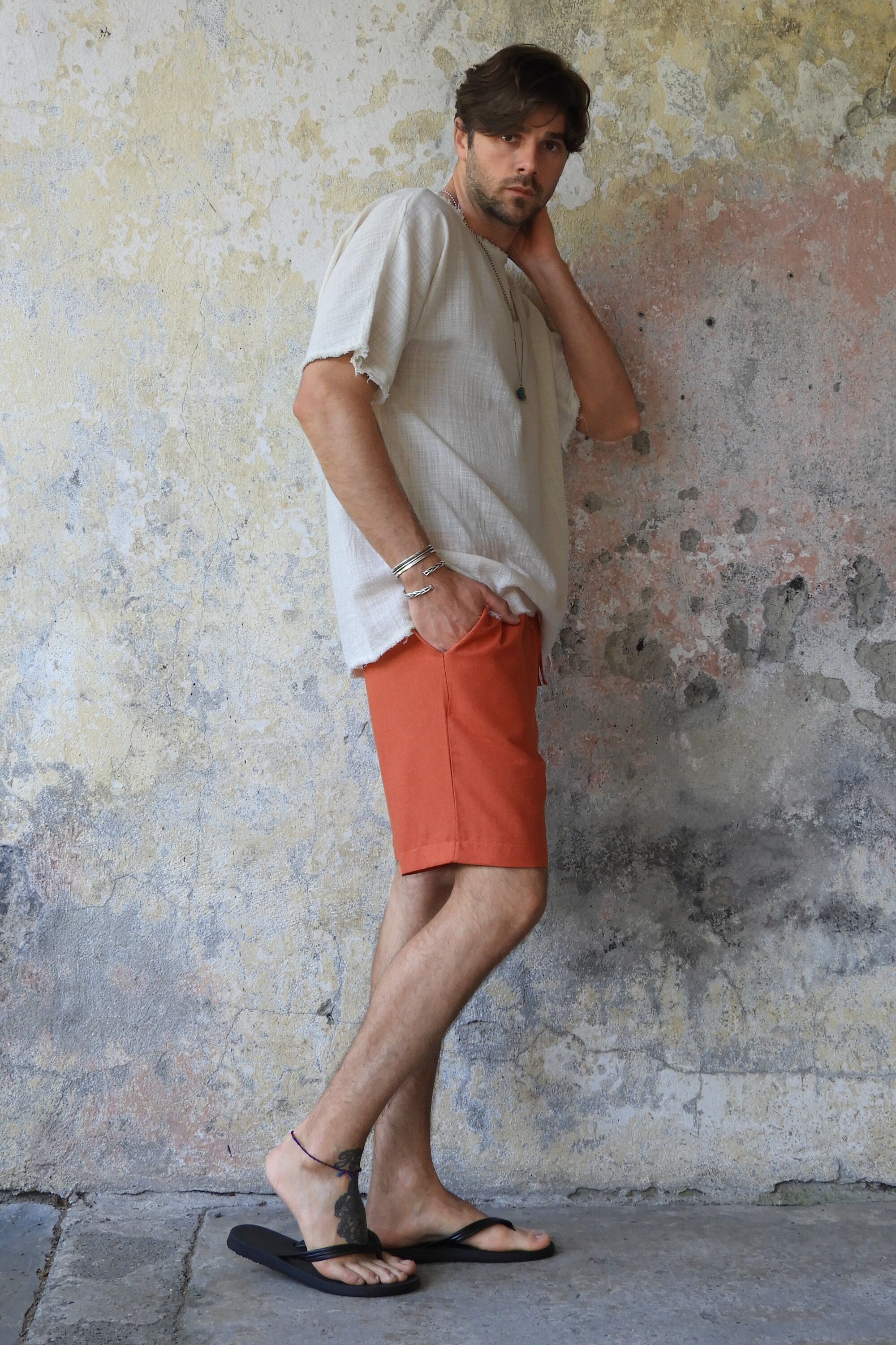 Linen Cotton Shorts, Burnt Orange Shorts, Drawstring Linen Shorts, Big ...
