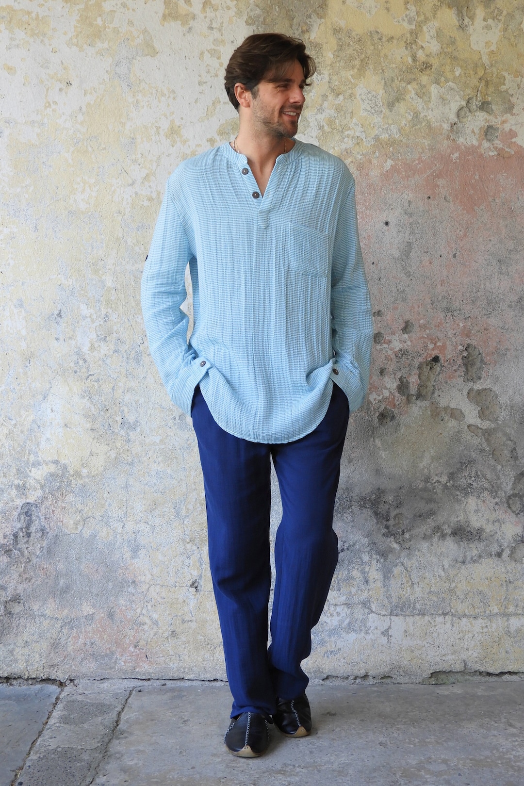 Organic Cotton Double Gauze Shirt: Light Blue Striped Roll-up Sleeve - Etsy