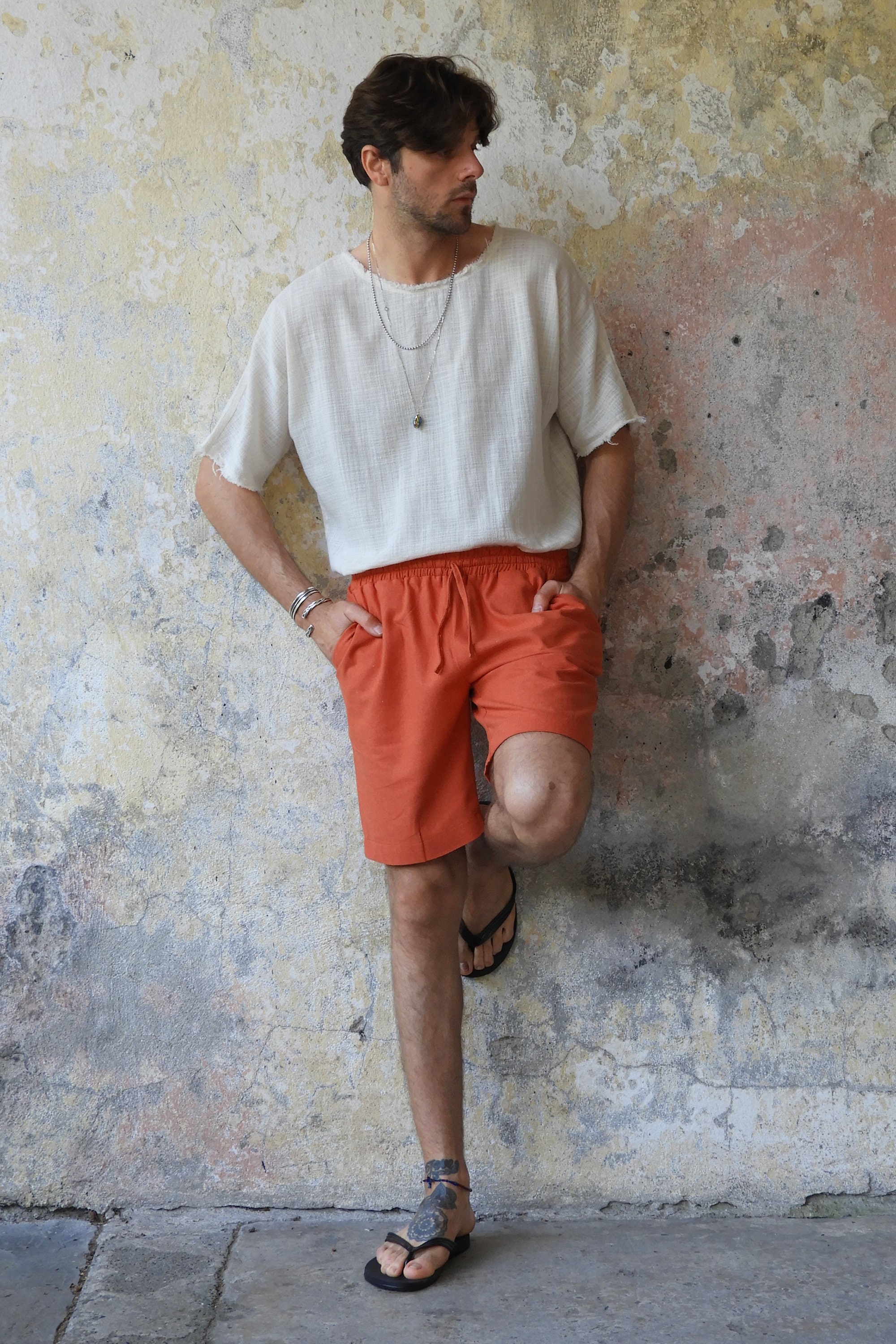 Linen Cotton Shorts, Burnt Orange Shorts, Drawstring Linen Shorts, Big ...