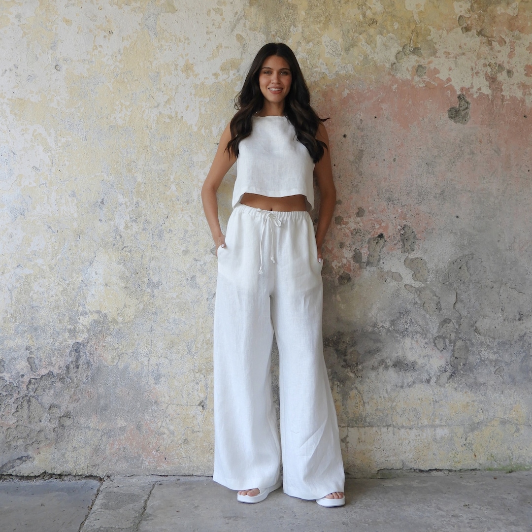 White Linen Pants Set, Wide Leg Linen Pants & Top, White Linen Crop Top ...