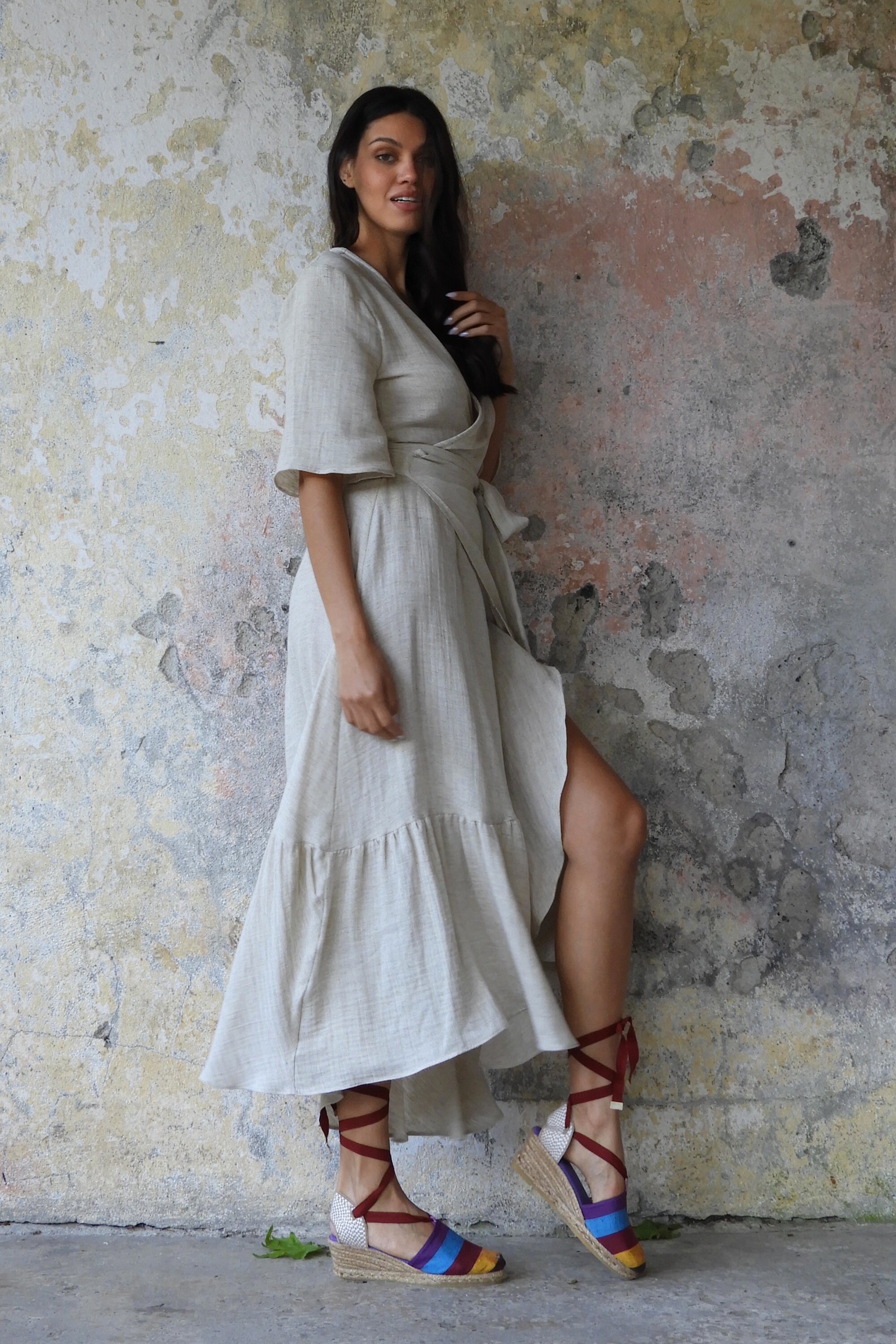 Hemp Dress, Wrap Dress Maxi, Wedding Guest Dress, Goddess Dress Beige ...