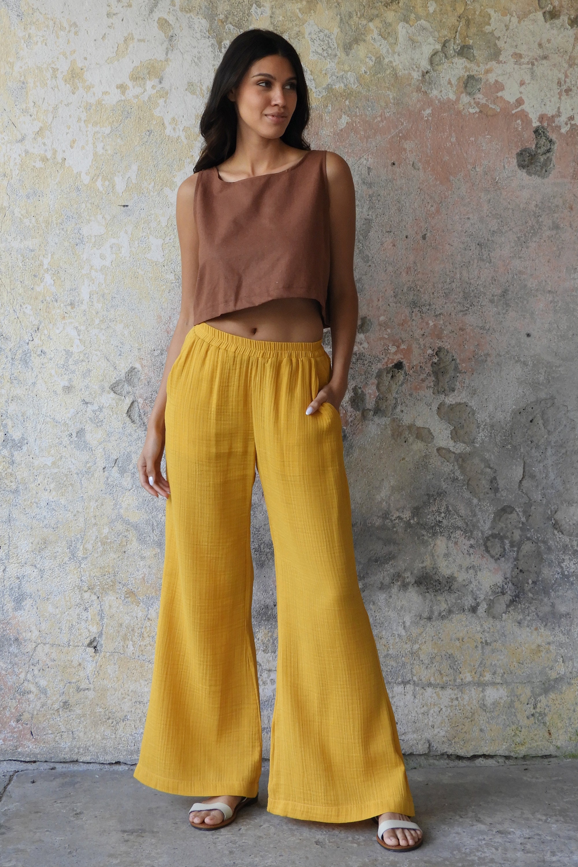 Flare Pants Gauze Cotton Palazzo Pants Womens Wide Leg Pants Cotton