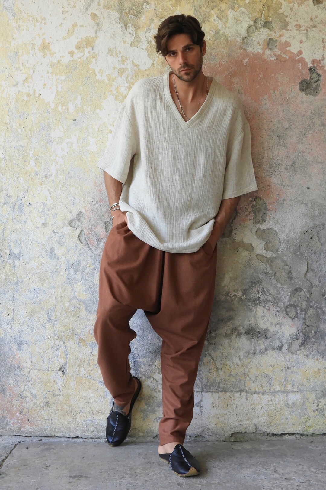 Hemp Shirt For Men Deep V Neck Loose Shirt Natural Hemp Short Sleeve Top Big And Tall Mens