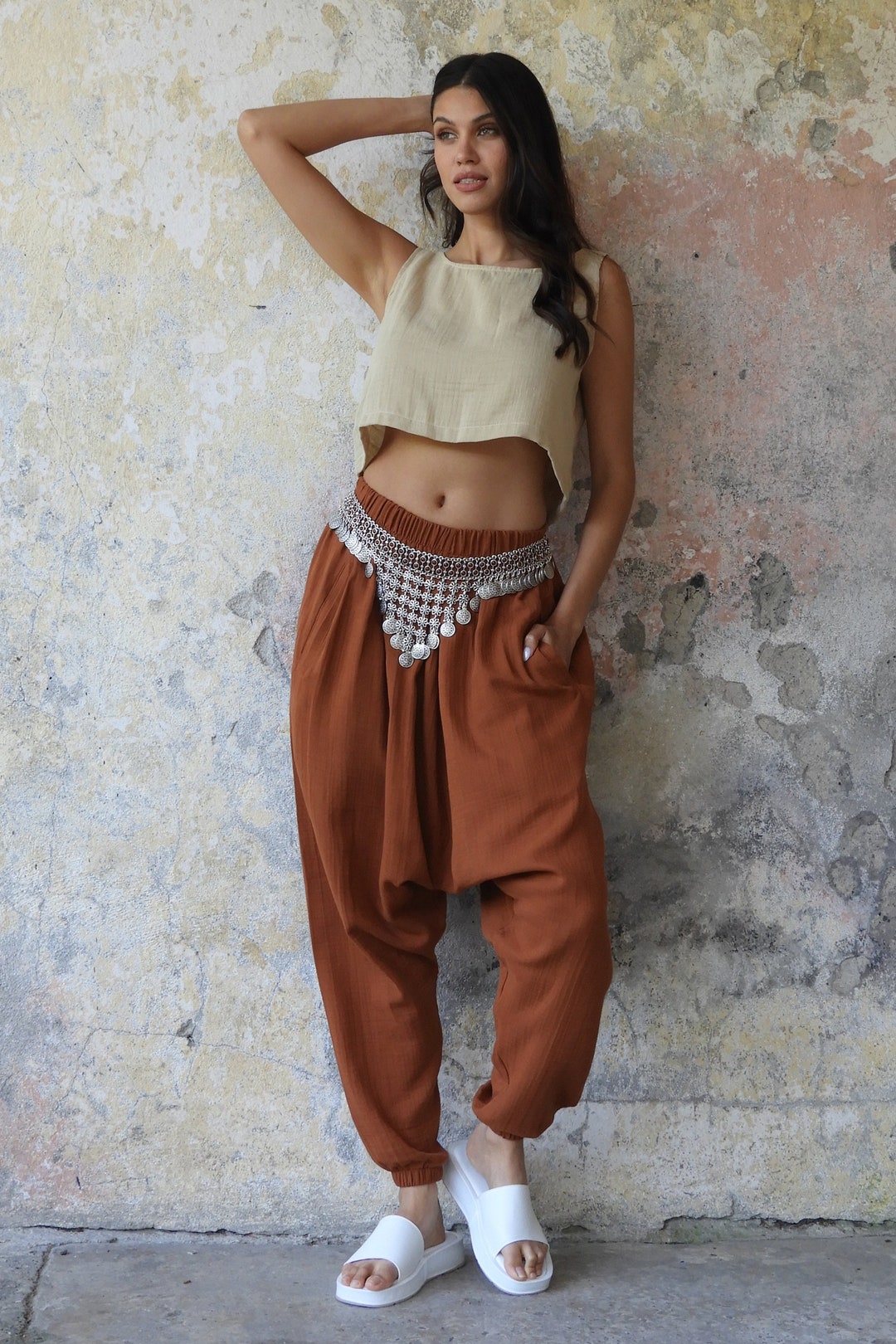 Gauze Cotton Pants Brown, Tall Womens Harem Pants, High Waist Gauze ...