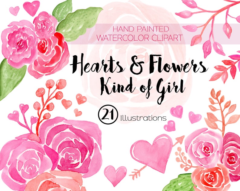 Hearts and Flowers Watercolor Clipart Mothers Day Clipart - Etsy