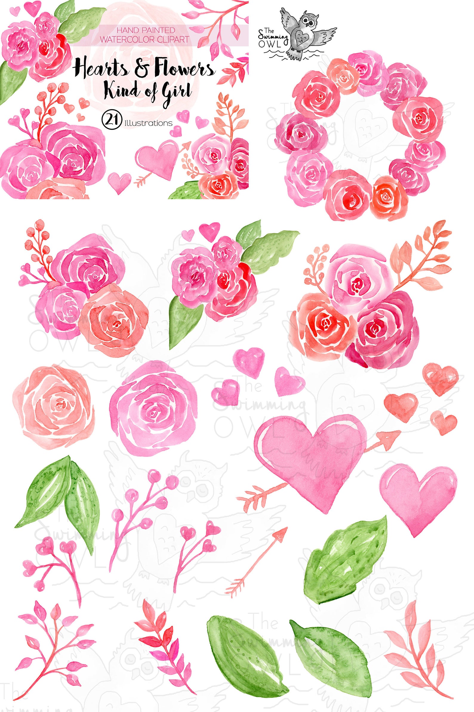 Hearts and Flowers Watercolor Clipart - Mothers Day Clipart - Floral ...